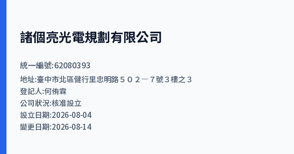 諸個亮光電規劃有限公司的照片-統編 62080393(臺中市) 公司登記資料與營業項目詳細圖表