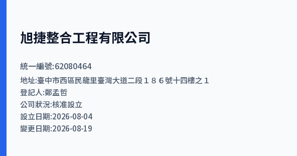旭捷整合工程有限公司的照片-統編 62080464(臺中市) 公司登記資料與營業項目詳細圖表