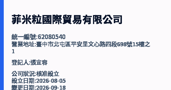 菲米粒國際貿易有限公司的照片-統編 62080540 公司登記資料與營業項目詳細圖表