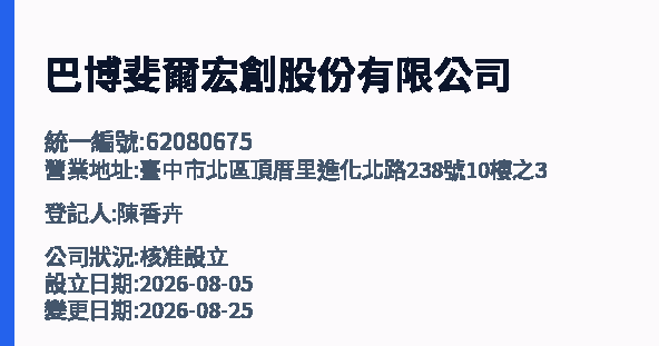 巴博斐爾宏創股份有限公司的照片-統編 62080675(臺中市) 公司登記資料與營業項目詳細圖表