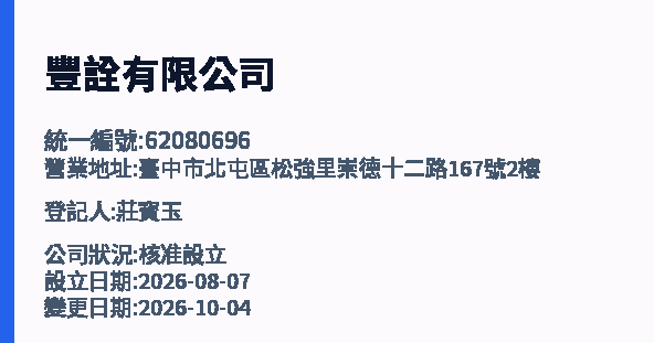 豐詮有限公司的照片-統編 62080696(臺中市) 公司登記資料與營業項目詳細圖表