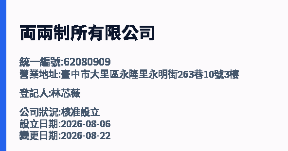 両兩制所有限公司的照片-統編 62080909(臺中市) 公司登記資料與營業項目詳細圖表