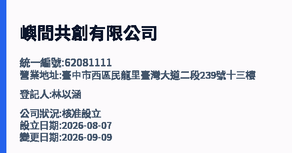 嶼間共創有限公司的照片-統編 62081111 公司登記資料與營業項目詳細圖表