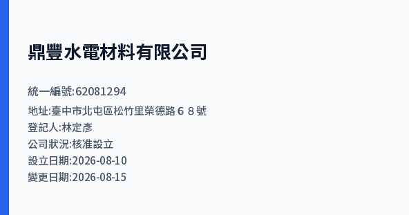 鼎豐水電材料有限公司的照片-統編 62081294(臺中市) 公司登記資料與營業項目詳細圖表