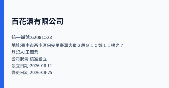 百花溒有限公司的照片-統編 62081528(臺中市) 公司登記資料與營業項目詳細圖表