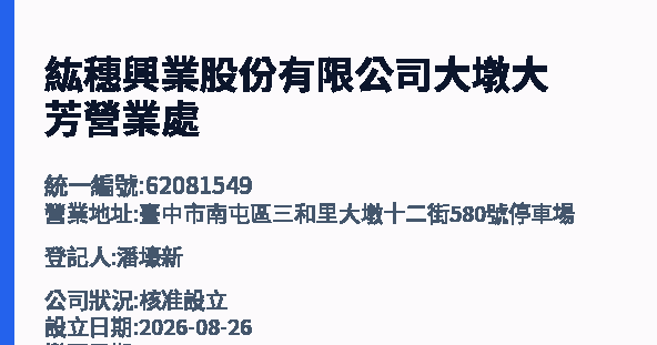 紘穗興業股份有限公司大墩大芳營業處的照片-統編 62081549(臺中市) 公司登記資料與營業項目詳細圖表