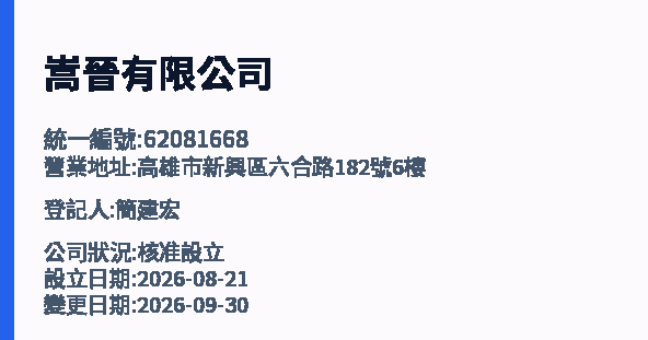 嵩晉有限公司的照片-統編 62081668(高雄市) 公司登記資料與營業項目詳細圖表