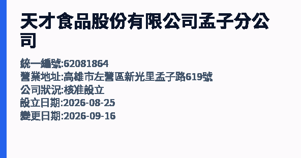 天才食品股份有限公司孟子分公司的照片-統編 62081864(高雄市) 公司登記資料與營業項目詳細圖表