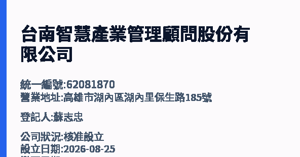 台南智慧產業管理顧問股份有限公司的照片-統編 62081870(高雄市) 公司登記資料與營業項目詳細圖表