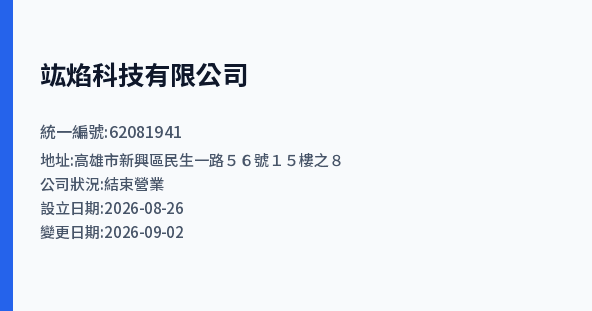 竑焰科技有限公司的照片-統編 62081941(高雄市) 公司登記資料與營業項目詳細圖表