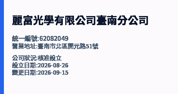 麗富光學有限公司臺南分公司的照片-統編 62082049(臺南市) 公司登記資料與營業項目詳細圖表
