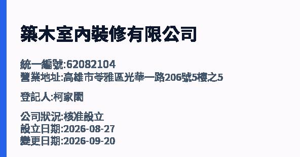 築木室內裝修有限公司的照片-統編 62082104(高雄市) 公司登記資料與營業項目詳細圖表