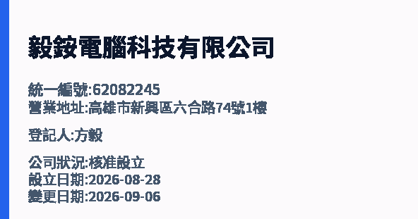 毅銨電腦科技有限公司的照片-統編 62082245(高雄市) 公司登記資料與營業項目詳細圖表