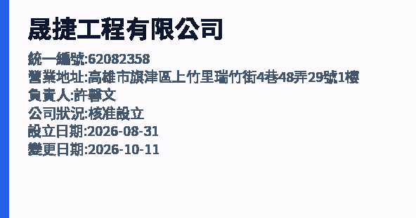 晟捷工程有限公司的照片-統編 62082358(高雄市) 公司登記資料與營業項目詳細圖表
