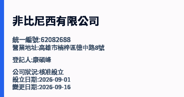 非比尼西有限公司的照片-統編 62082688(高雄市) 公司登記資料與營業項目詳細圖表
