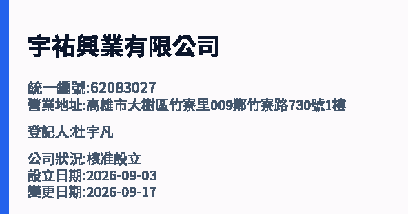 宇祐興業有限公司的照片-統編 62083027(高雄市) 公司登記資料與營業項目詳細圖表