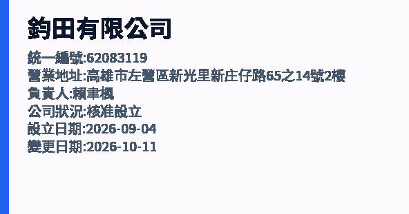 鈞田有限公司的照片-統編 62083119(高雄市) 公司登記資料與營業項目詳細圖表