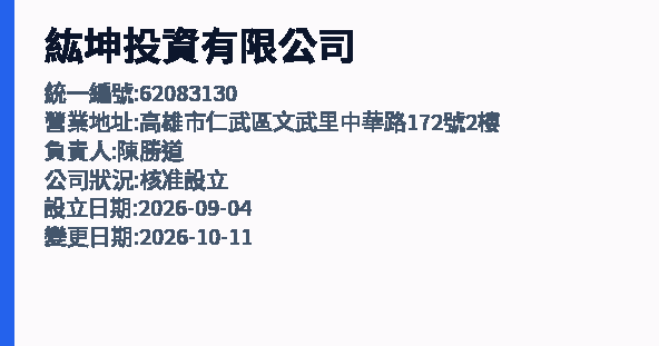 紘坤投資有限公司的照片-統編 62083130(高雄市) 公司登記資料與營業項目詳細圖表