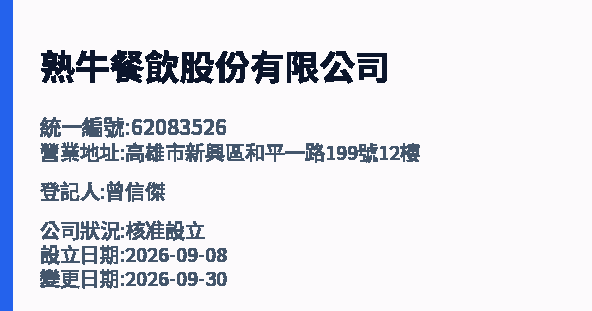 熟牛餐飲股份有限公司的照片-統編 62083526(高雄市) 公司登記資料與營業項目詳細圖表