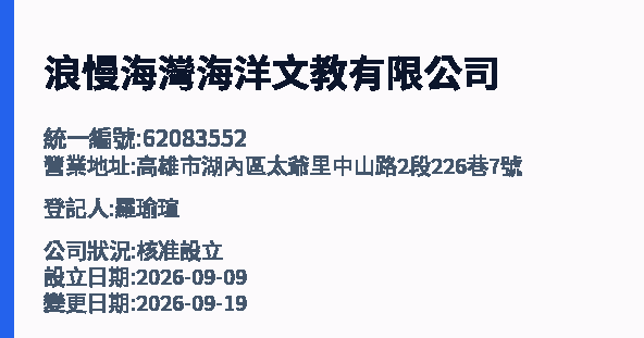 浪慢海灣海洋文教有限公司的照片-統編 62083552(高雄市) 公司登記資料與營業項目詳細圖表