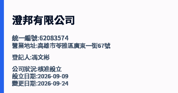 澄邦有限公司的照片-統編 62083574(高雄市) 公司登記資料與營業項目詳細圖表