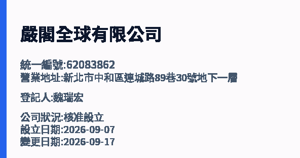 嚴閣全球有限公司的照片-統編 62083862(新北市) 公司登記資料與營業項目詳細圖表