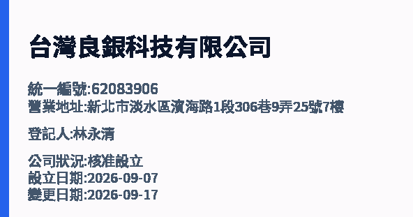 台灣良銀科技有限公司的照片-統編 62083906(新北市) 公司登記資料與營業項目詳細圖表