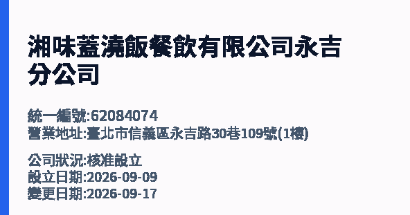 湘味蓋澆飯餐飲有限公司永吉分公司的照片-統編 62084074(臺北市) 公司登記資料與營業項目詳細圖表