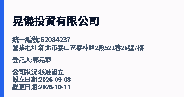 晃儀投資有限公司的照片-統編 62084237(新北市) 公司登記資料與營業項目詳細圖表