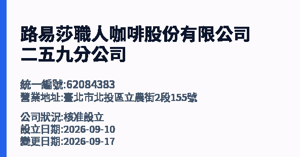 路易莎職人咖啡股份有限公司二五九分公司的照片-統編 62084383(臺北市) 公司登記資料與營業項目詳細圖表