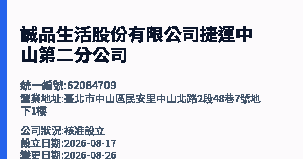 誠品生活股份有限公司捷運中山第二分公司的照片-統編 62084709(臺北市) 公司登記資料與營業項目詳細圖表
