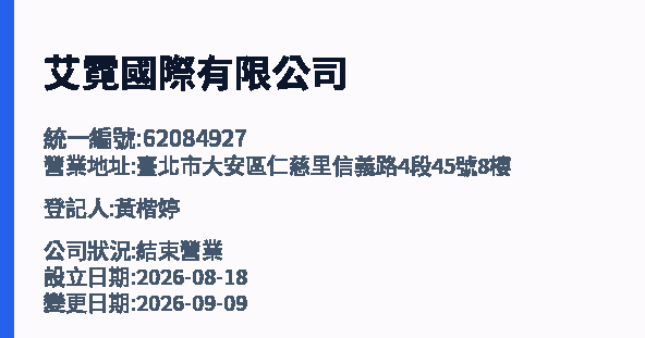 艾霓國際有限公司的照片-統編 62084927(臺北市) 公司登記資料與營業項目詳細圖表