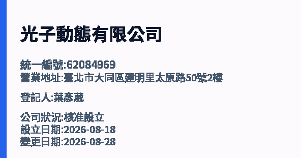 光子動態有限公司的照片-統編 62084969(臺北市) 公司登記資料與營業項目詳細圖表