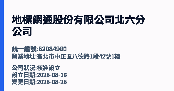 地標網通股份有限公司北六分公司的照片-統編 62084980(臺北市) 公司登記資料與營業項目詳細圖表