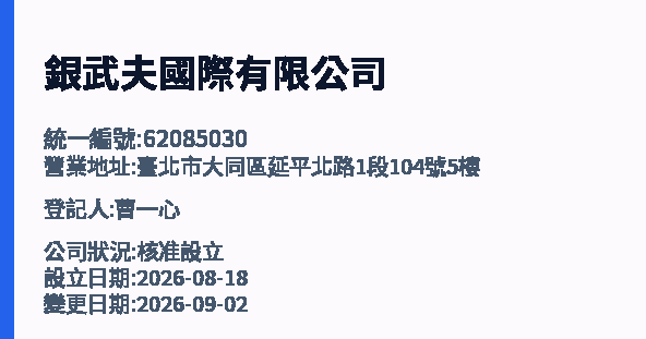 銀武夫國際有限公司的照片-統編 62085030(臺北市) 公司登記資料與營業項目詳細圖表