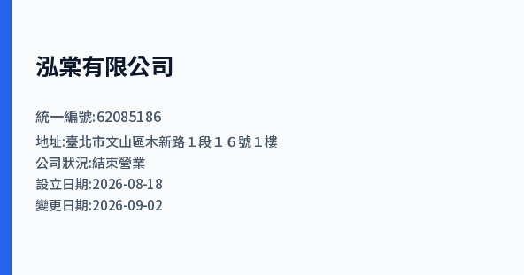 泓棠有限公司的照片-統編 62085186(臺北市) 公司登記資料與營業項目詳細圖表