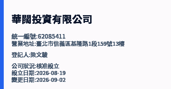 華闊投資有限公司的照片-統編 62085411(臺北市) 公司登記資料與營業項目詳細圖表