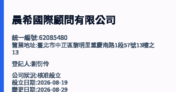 晨希國際顧問有限公司的照片-統編 62085480(臺北市) 公司登記資料與營業項目詳細圖表