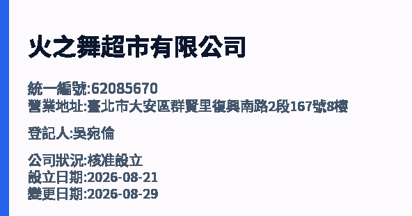火之舞超市有限公司的照片-統編 62085670(臺北市) 公司登記資料與營業項目詳細圖表