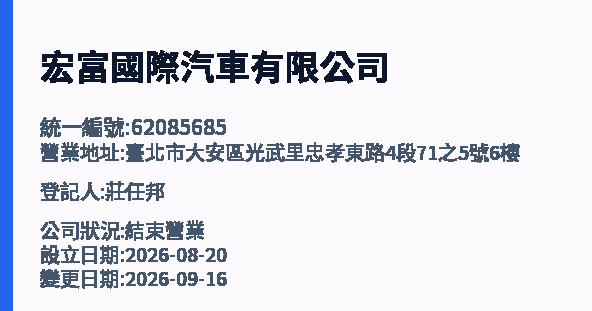 宏富國際汽車有限公司的照片-統編 62085685(臺北市) 公司登記資料與營業項目詳細圖表