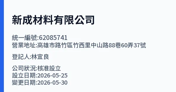 新成材料有限公司的照片-統編 62085741(高雄市) 公司登記資料與營業項目詳細圖表