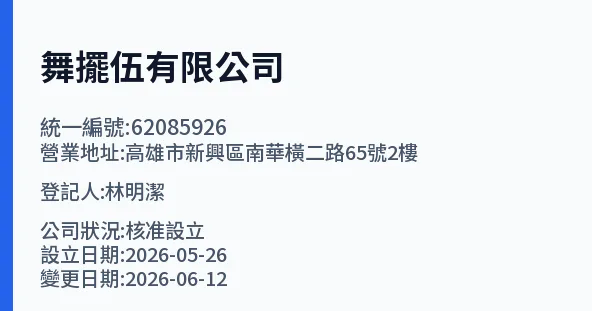 舞擺伍有限公司的照片-統編 62085926(高雄市) 公司登記資料與營業項目詳細圖表