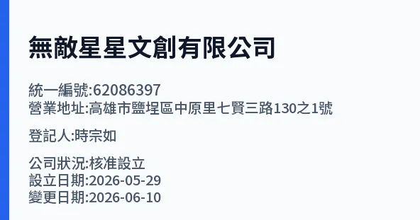 無敵星星文創有限公司的照片-統編 62086397(高雄市) 公司登記資料與營業項目詳細圖表
