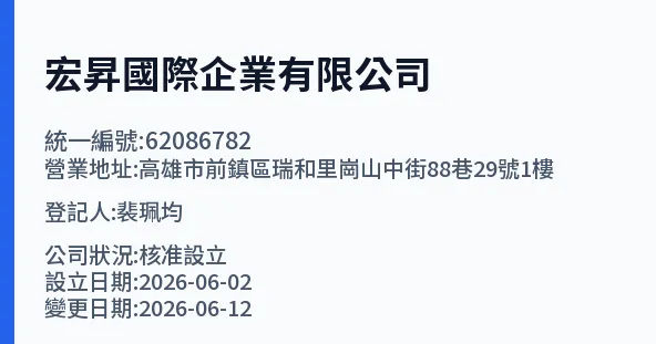 宏昇國際企業有限公司的照片-統編 62086782(高雄市) 公司登記資料與營業項目詳細圖表