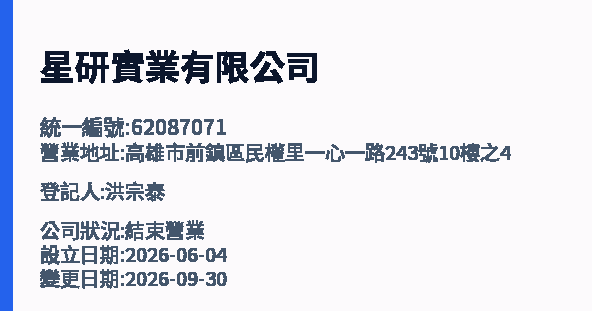 星研實業有限公司的照片-統編 62087071 公司登記資料與營業項目詳細圖表