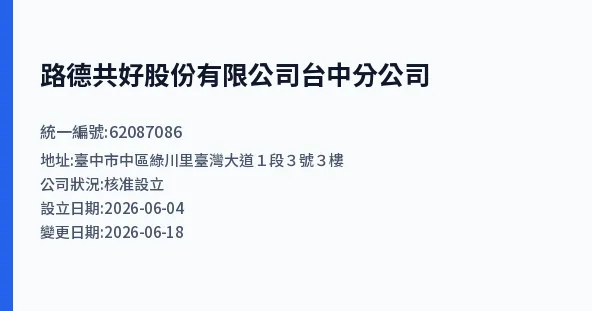 路德共好股份有限公司台中分公司的照片-統編 62087086(臺中市) 公司登記資料與營業項目詳細圖表