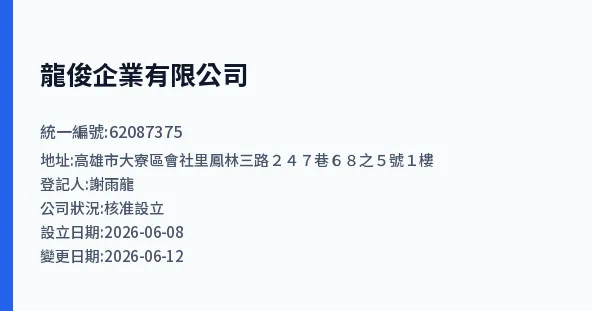 龍俊企業有限公司的照片-統編 62087375(高雄市) 公司登記資料與營業項目詳細圖表