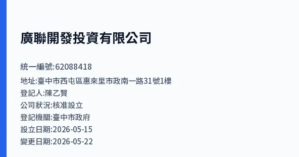 廣聯開發投資有限公司的照片-統編 62088418(臺中市) 公司登記資料與營業項目詳細圖表