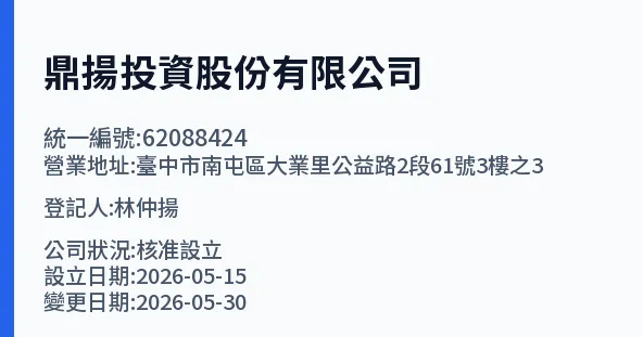 鼎揚投資股份有限公司的照片-統編 62088424(臺中市) 公司登記資料與營業項目詳細圖表