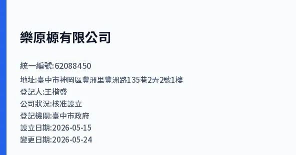 樂原榞有限公司的照片-統編 62088450(臺中市) 公司登記資料與營業項目詳細圖表